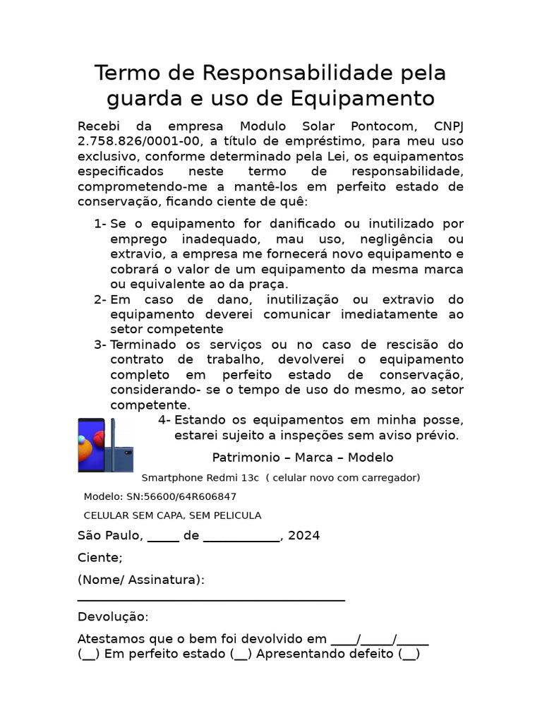 Termo de Responsabilidade Pela Guarda e Uso de Equipamento | PDF