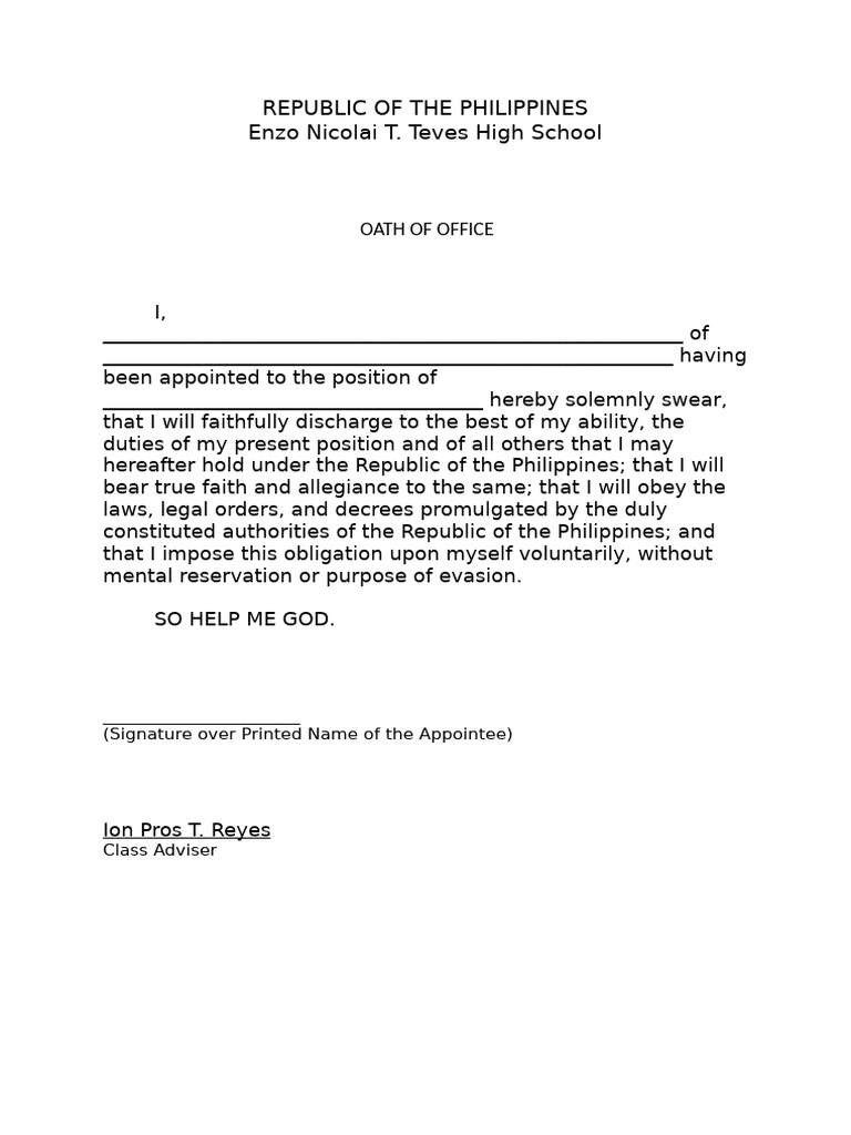 Oath of Office for Classroom Officers | PDF