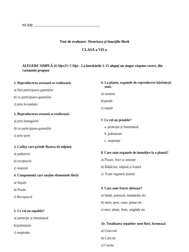 Test Structura Florii | PDF