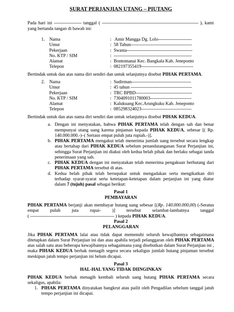 Contoh Surat Perjanjian Utang Makka | PDF
