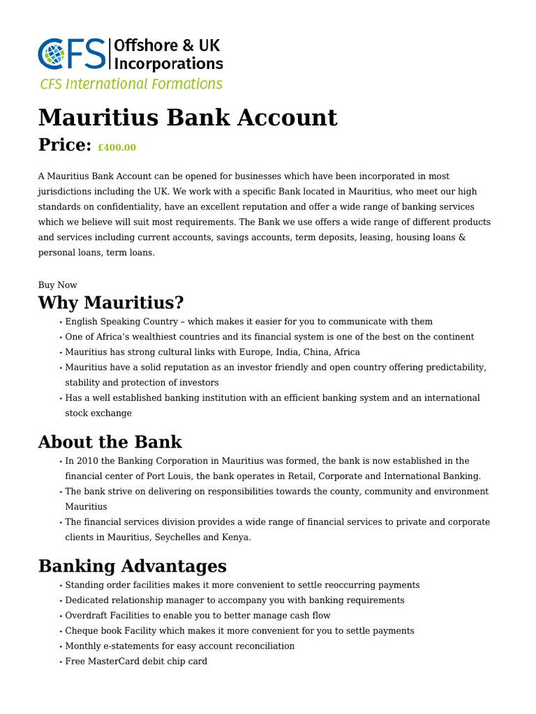Mauritius Bank Account-Bank-Info-Sheet | PDF | Banks | Debit Card