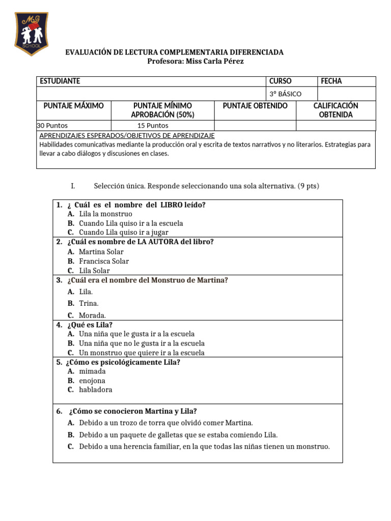 EVALUACION LECTURA COMPLEMENTARIA CUANDO LILA QUISO IR A LA ESCUELA ...