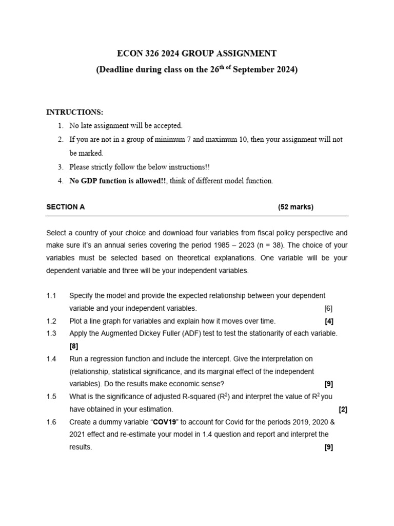ECON 326 2024 Group Assignment Guide | PDF | Dependent And Independent ...