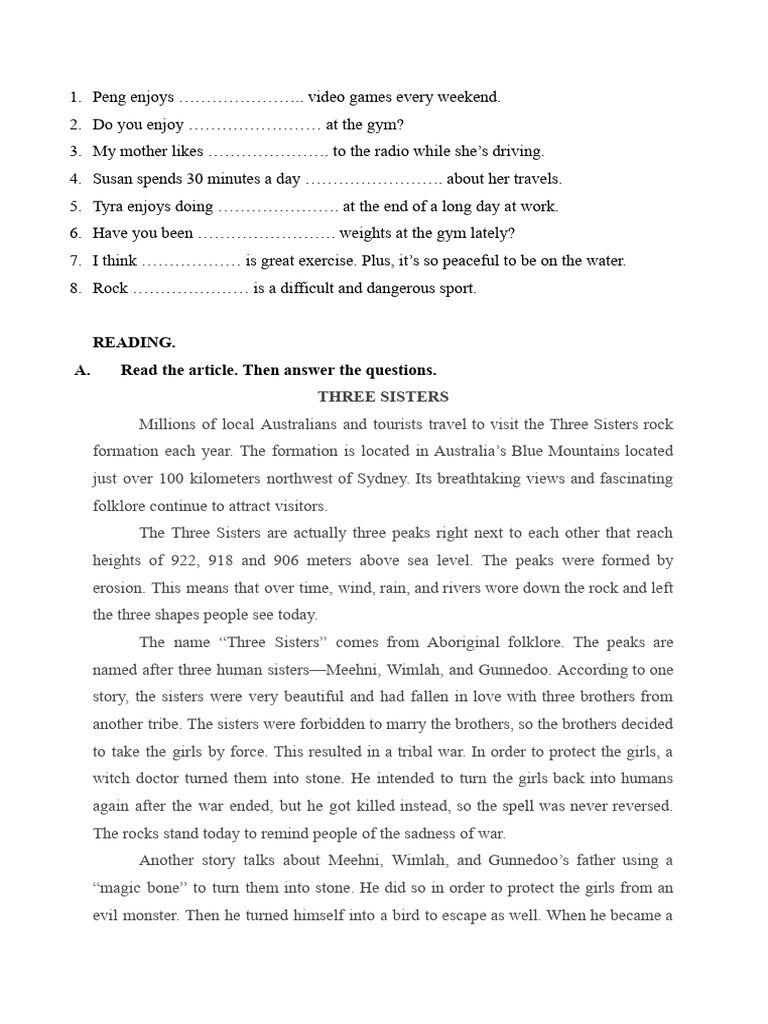 Reading. A. Read The Article. Then Answer The Questions.: Three Sisters ...