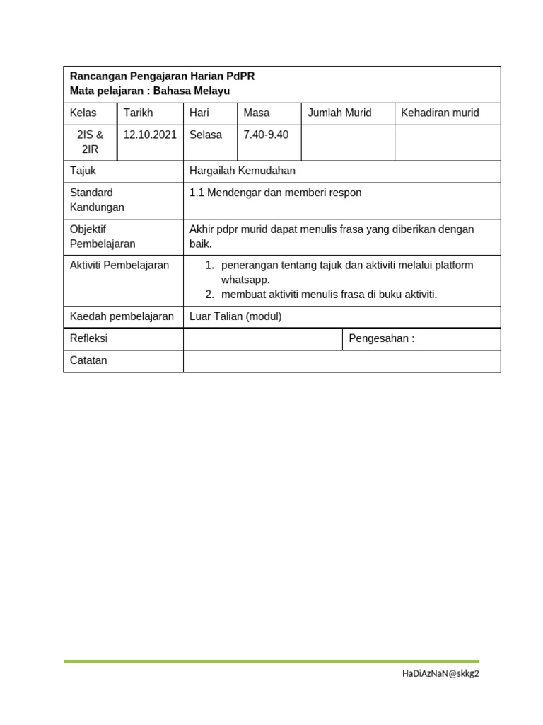 Rancangan Pengajaran Harian PDPR | PDF