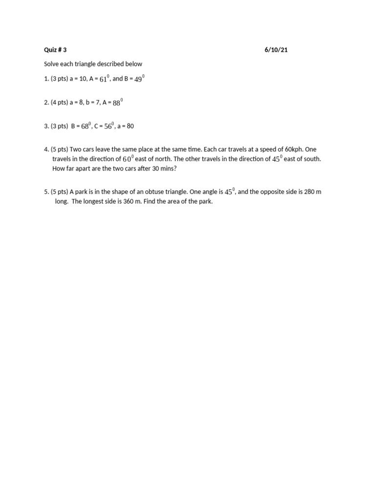 Quiz in Solving Oblique Triangles | PDF Quiz in Solving Oblique Triangles | PDF