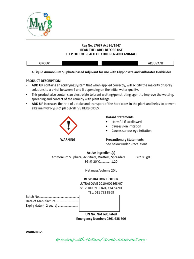 Add Up PDS + Label GHS 19102021 | PDF | Herbicide | Wellness