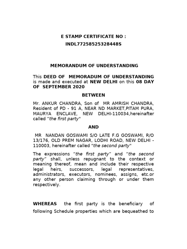 E Stamp Certificate No: INDL77258525328448S: The First Party | PDF