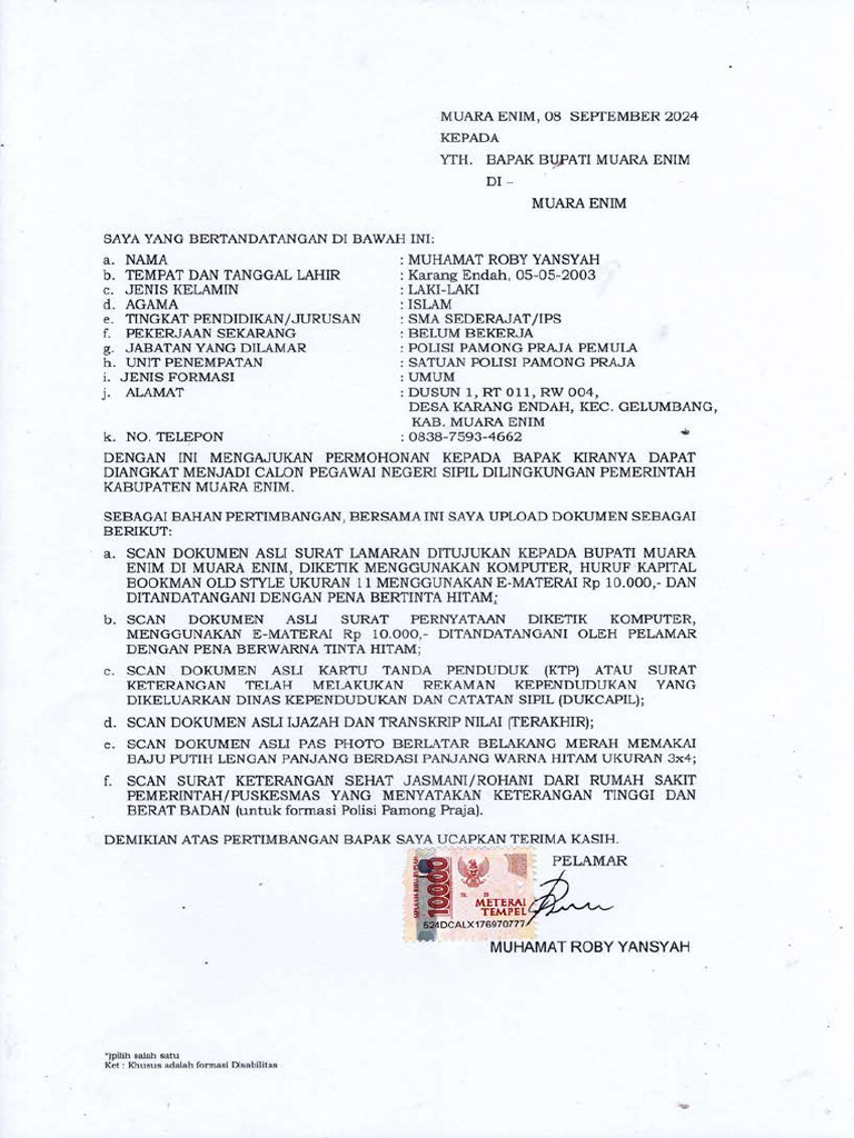 Lamaran Muhamat Roby Yansyah | PDF