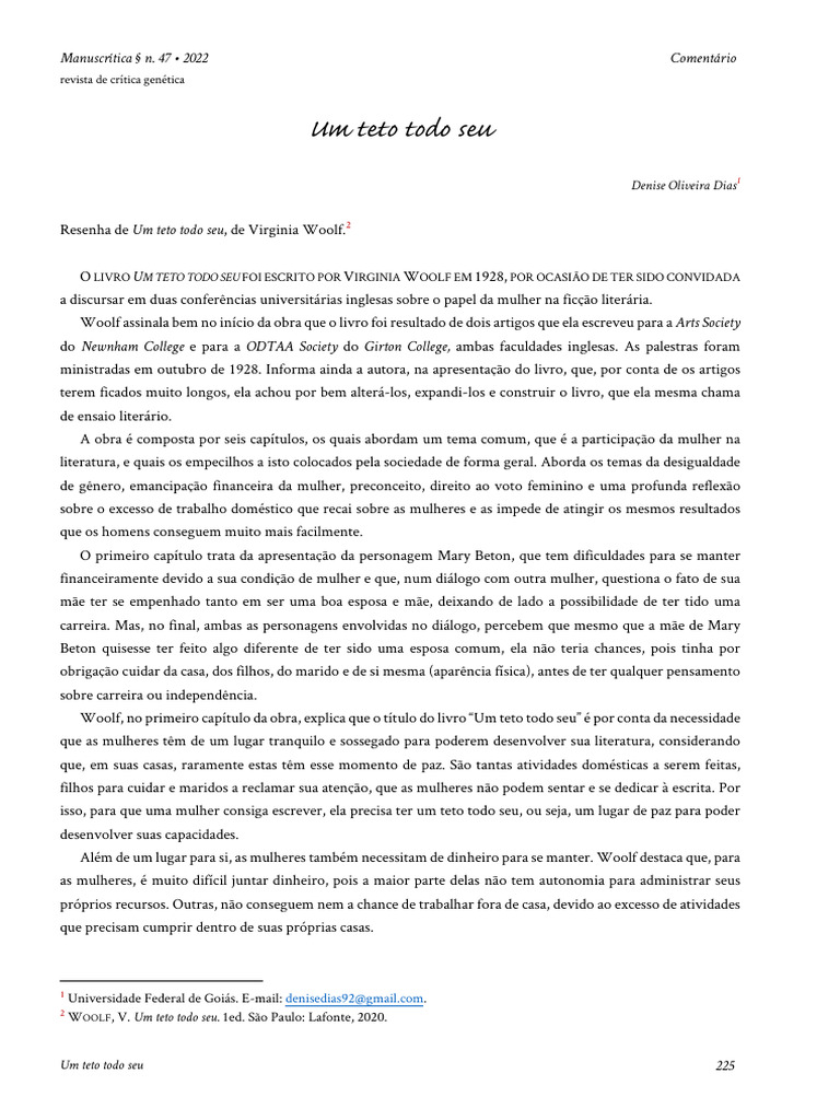 Um Teto Todo Seu Resenha Denise Oliveira Dias | PDF
