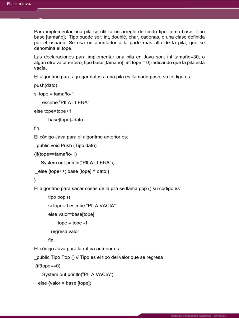 Pilas en Java | PDF | Java (lenguaje de programación) | Algoritmos