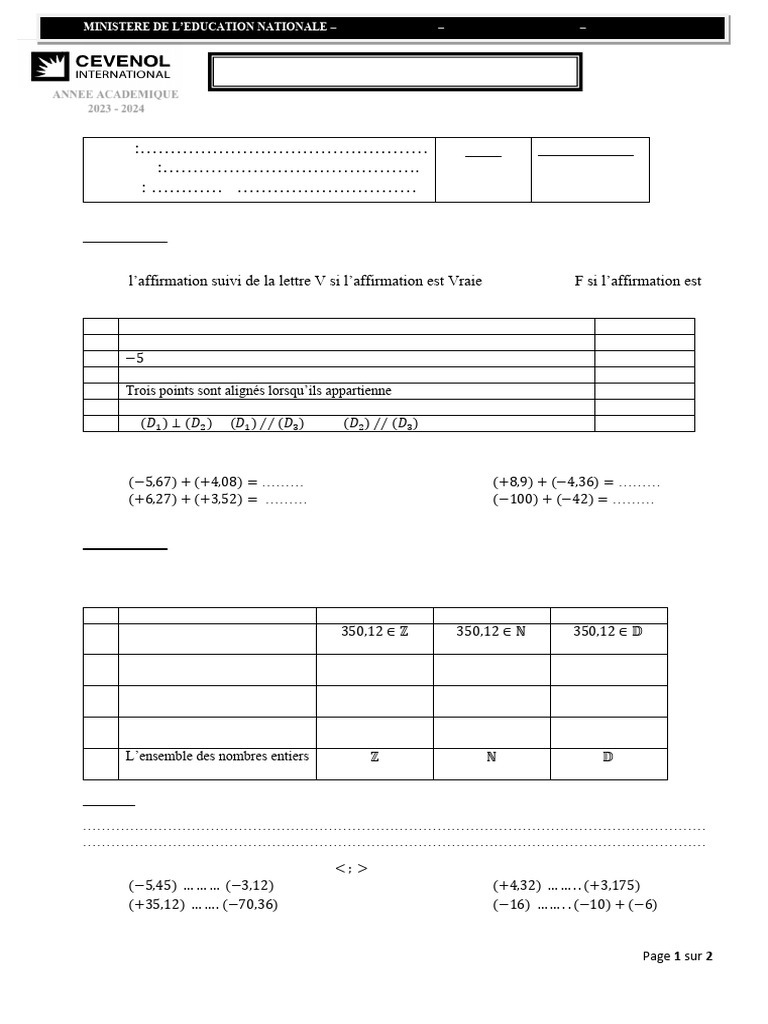 Devoir N°2 Maths 6eme | PDF
