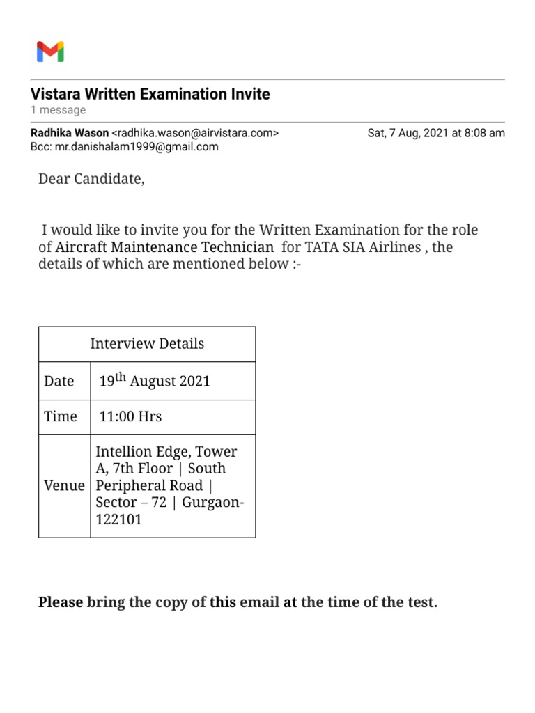 Gmail - Vistara Written Examination Invite | PDF