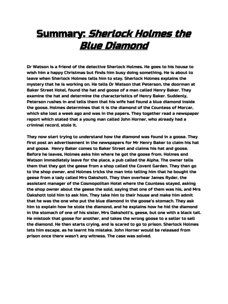 Summary of Sherlock Holmes The Blue Diamond | PDF