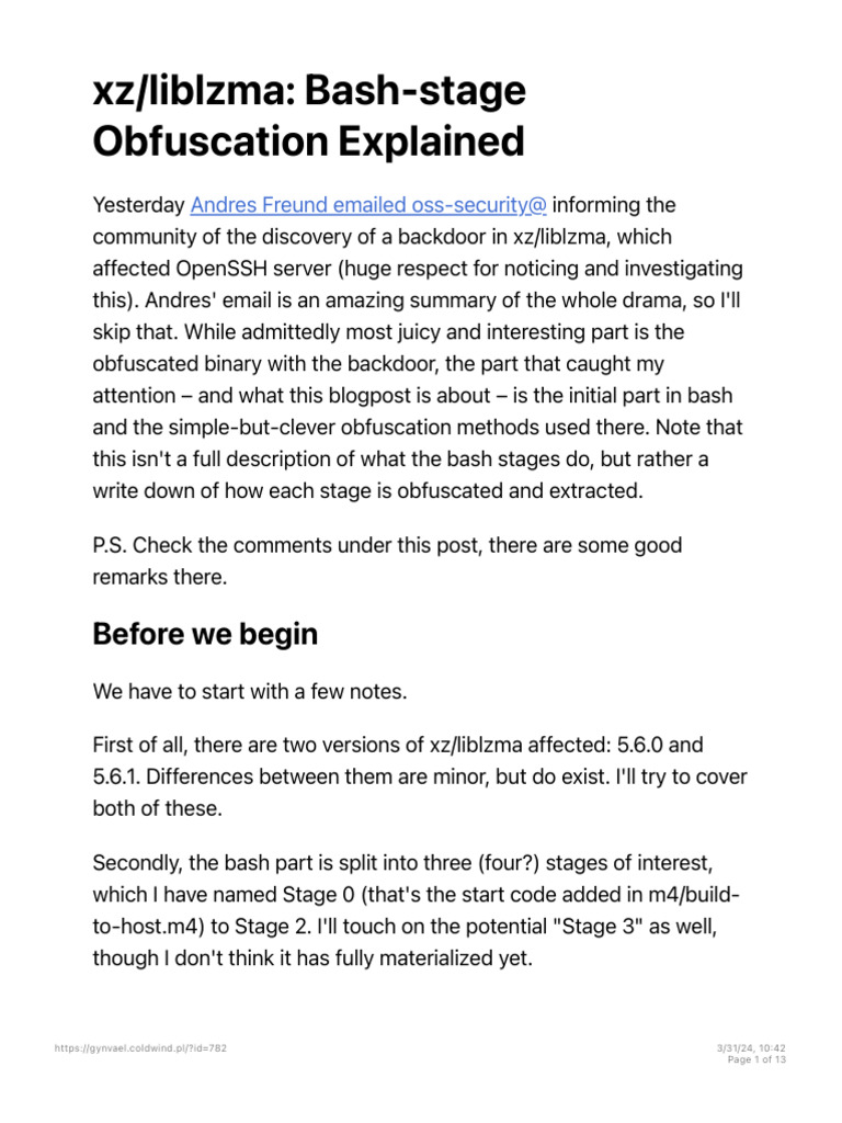 Xz-Liblzma - Bash-Stage Obfuscation Explained - Gynvael - Coldwind - VX - Log | PDF