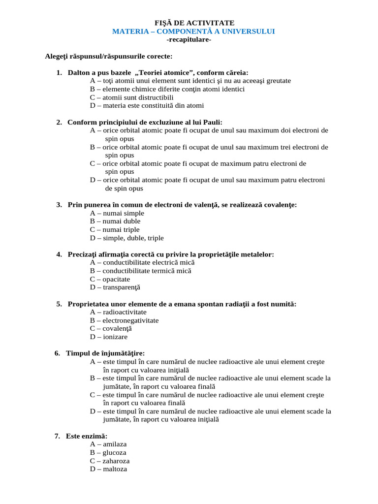 Fisa de Lucru Materia Componenta A Universului Recapitulare | PDF