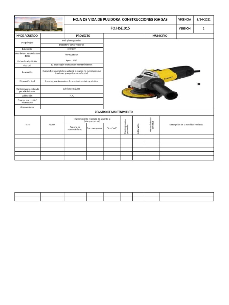 Fo - Hse.015 Hoja de Vida de Pulidora | PDF