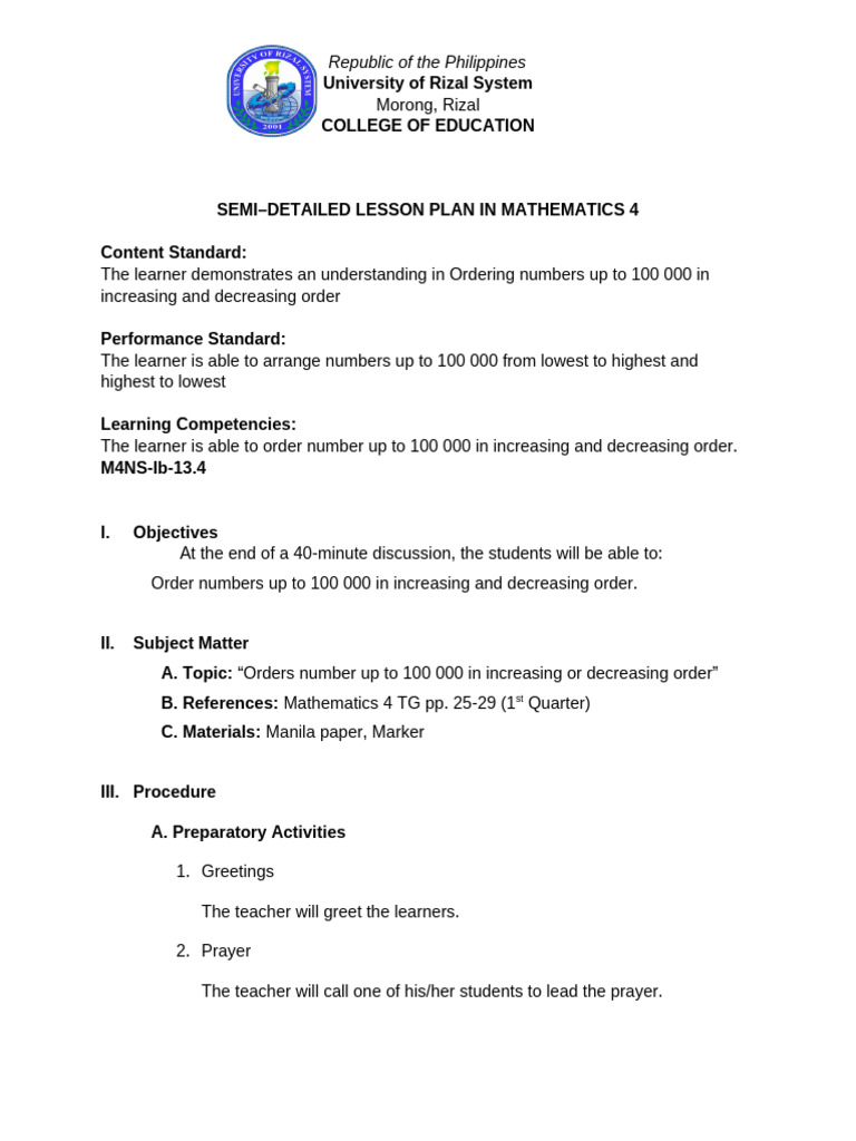Semi Detailedlesson Plan Math 4 Paul Dominic Dela Vega | PDF