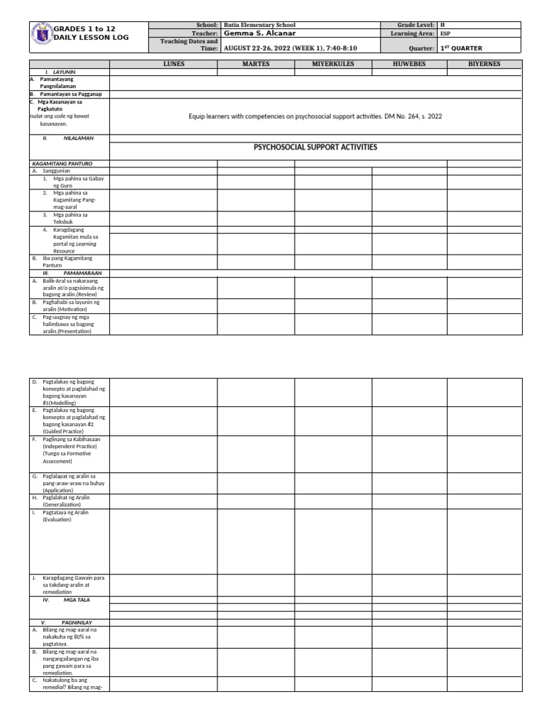 DLL - Esp 2 - Q1 - W1 Edited With Psychosocial | PDF