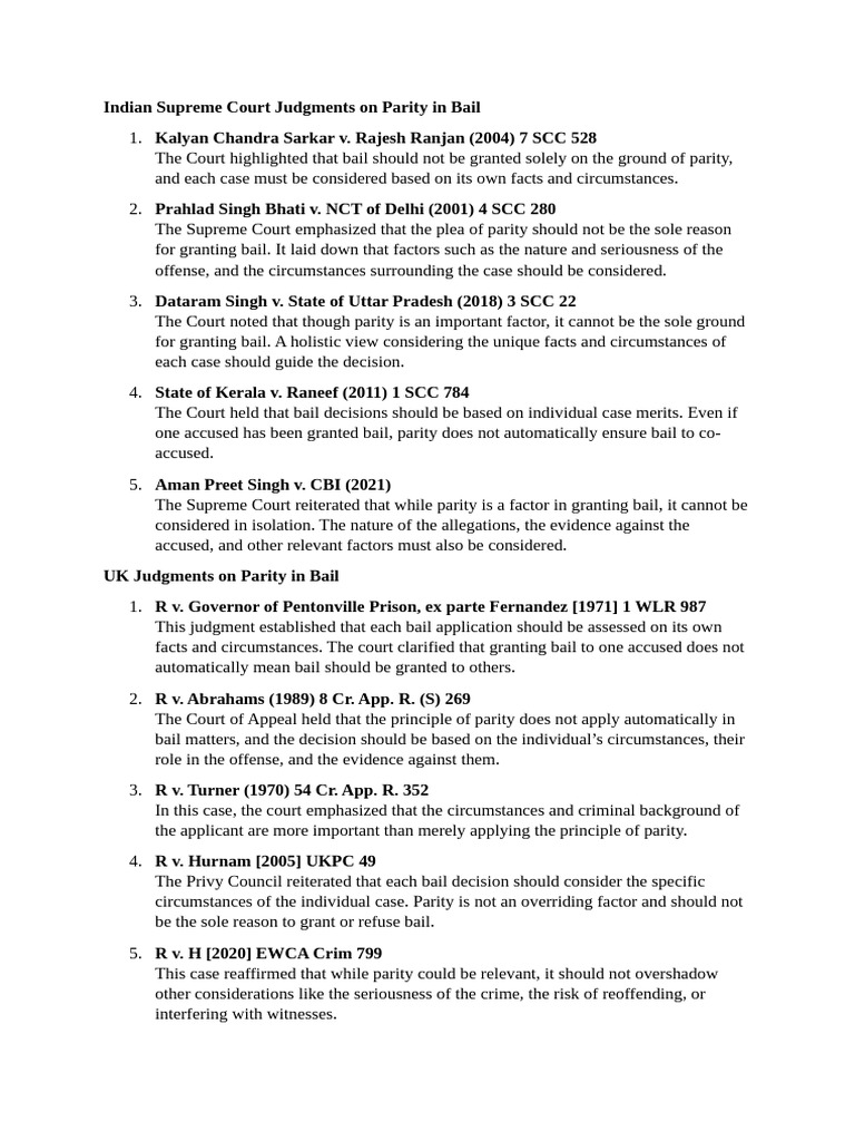 Indian Supreme Court Judgments On Parity in Bail | PDF | Bail | Supreme ...