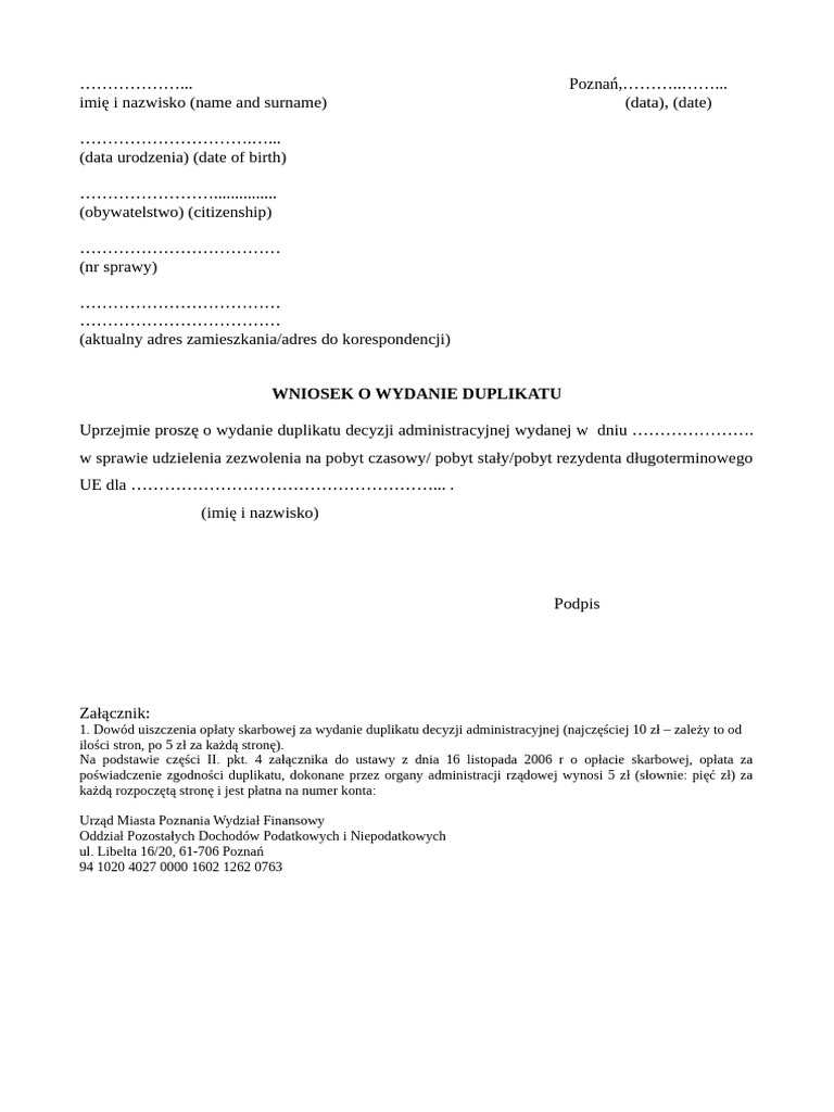 Wniosek o Wydanie Duplikatu Decyzji | PDF