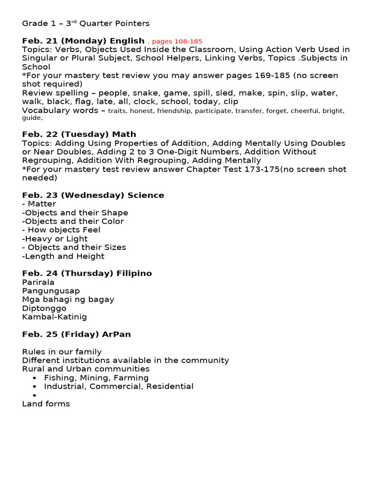 Grade 1 3rd Quarter Pointers FINAL | PDF