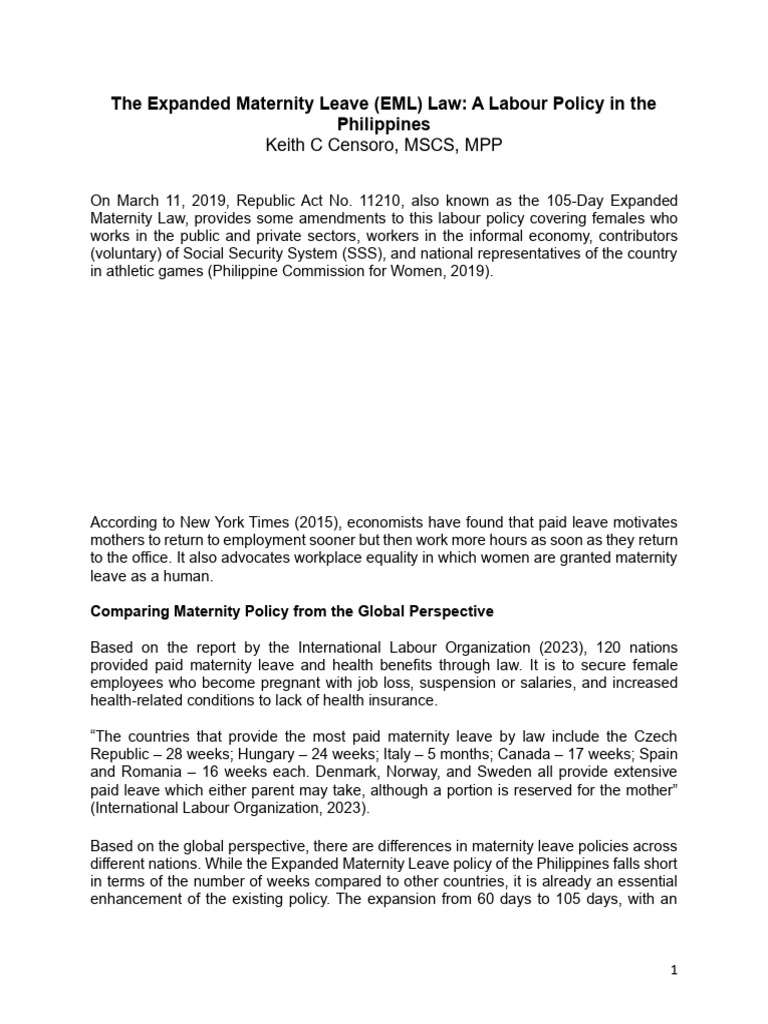 The Expanded Maternity Leave (EML) Law - A Labour Policy in The Philippines | PDF | Parental ...