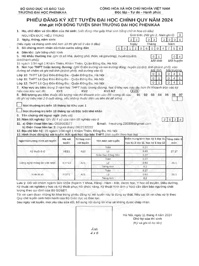 Phieu Dang Ky Tuyen Sinh | PDF