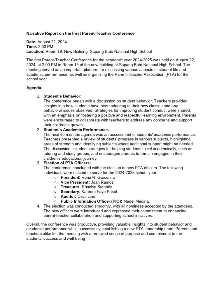 Narrative Report On The First Parent-Teacher Conference | PDF ...