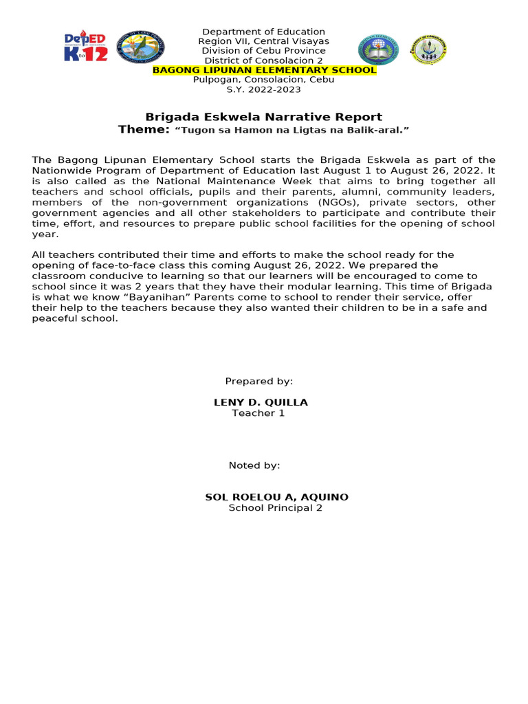 Brigada Eskwela Narrative Report 2022 | PDF | Teachers | Wellness