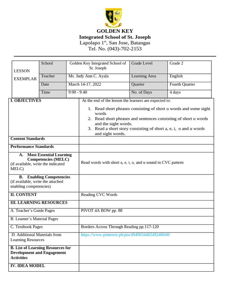 LESSON-EXEMPLAR-CVC-Words (1) | PDF