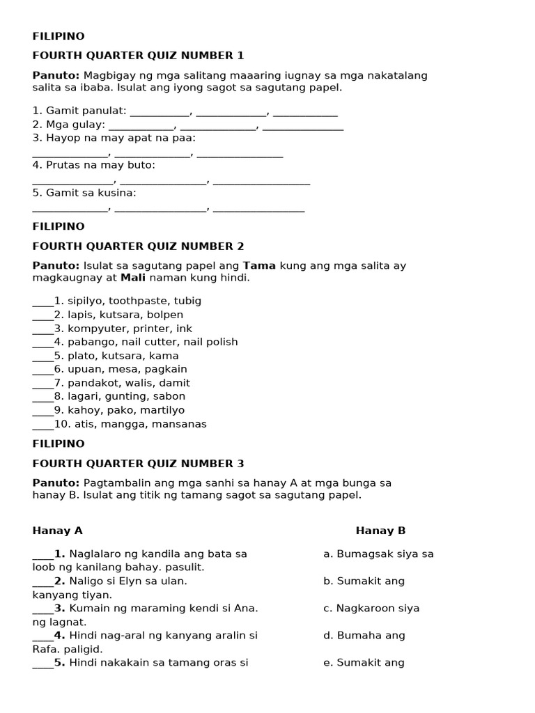 Filipino Quarter 4 Quizzes | PDF | Philippines