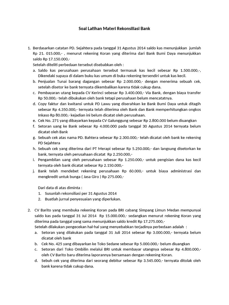 Soal Latihan Rekonsiliasi Bank | PDF