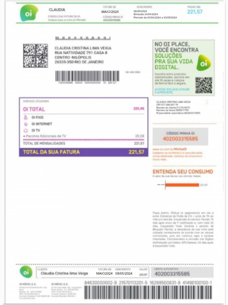 Fatura de Maio Mae | PDF