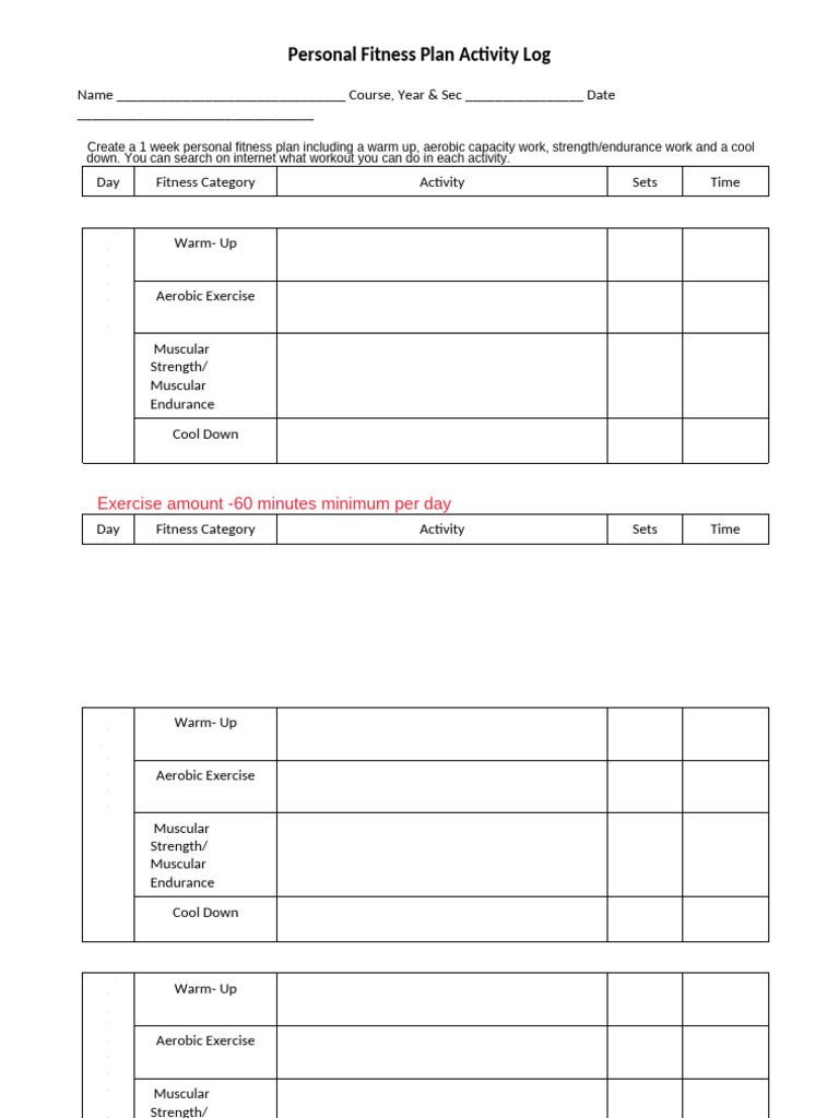 Personal Fitness Plan Activity Log Activity #2 | PDF