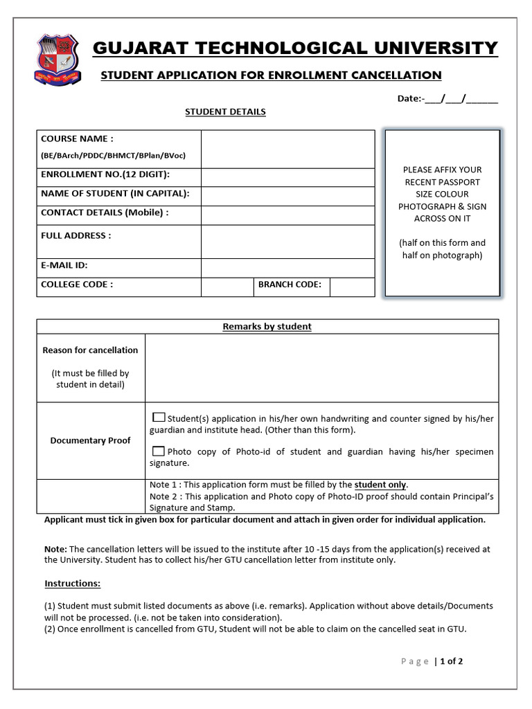 Gtu Form For Enrollment Cancellation | PDF