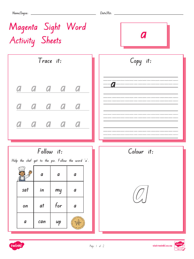 Magenta Sight Words Activity Sheets | PDF