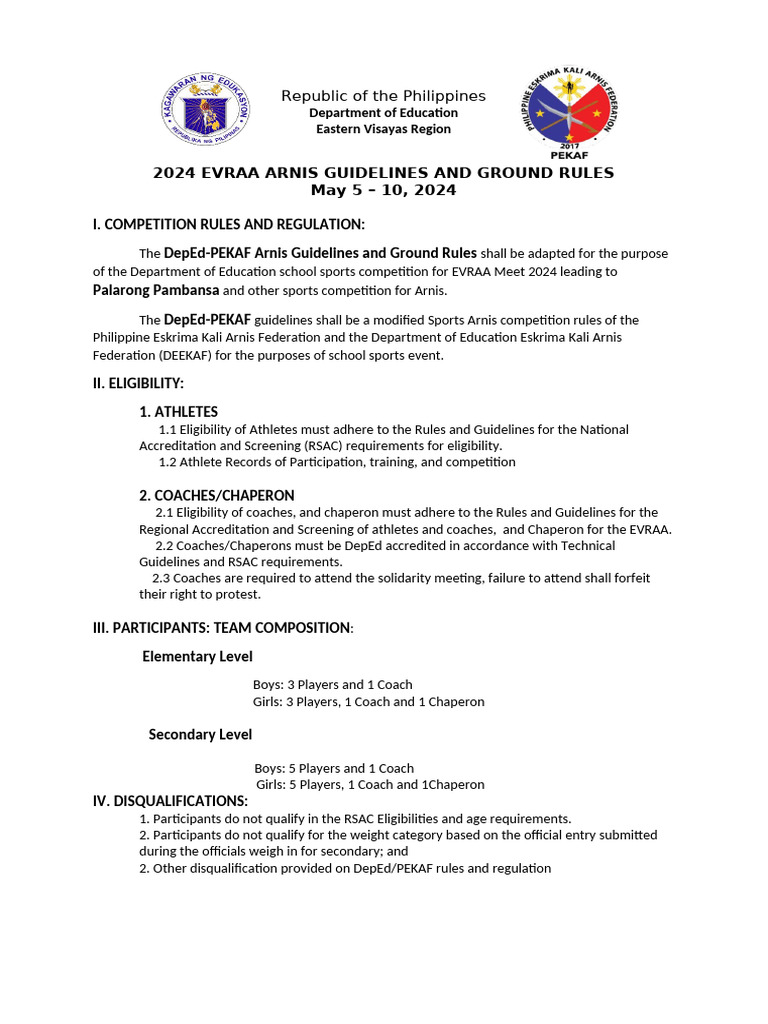 Arnis 2024 Revised Rules and Regulations | PDF