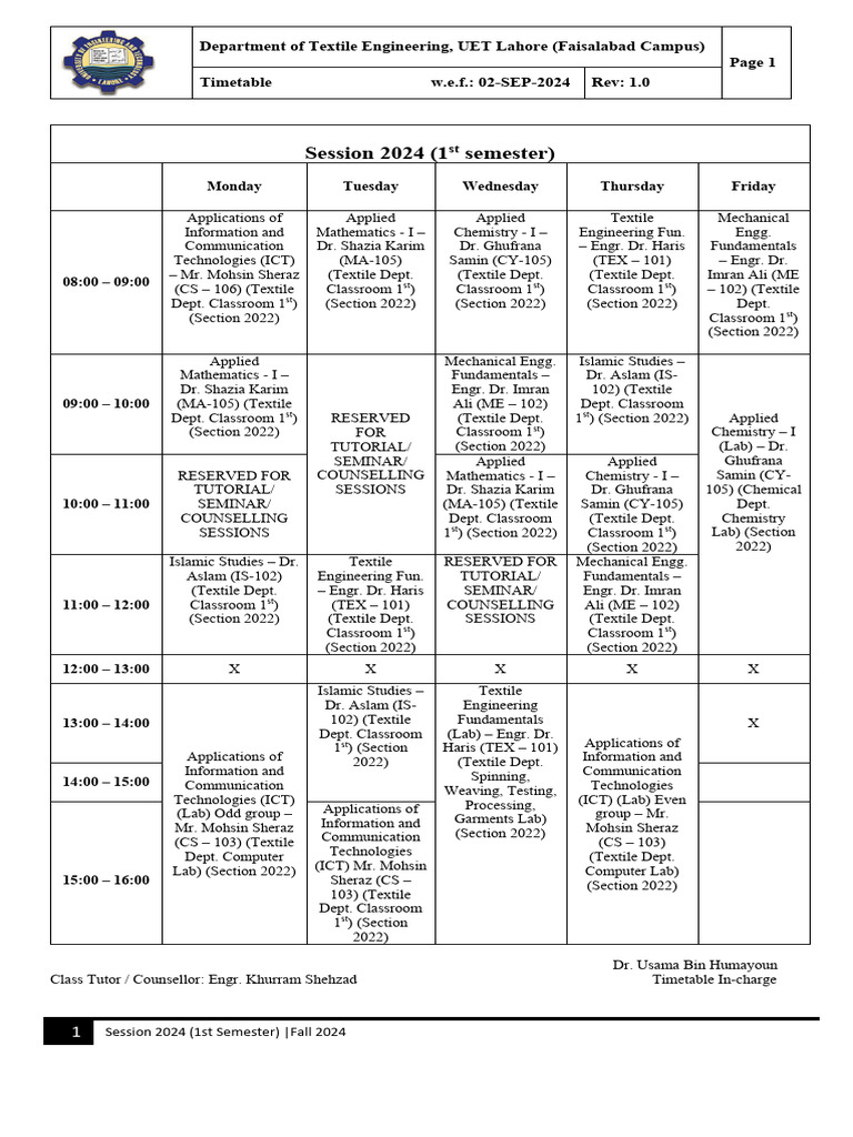 1st Semester Timetable (Session 2024) | PDF