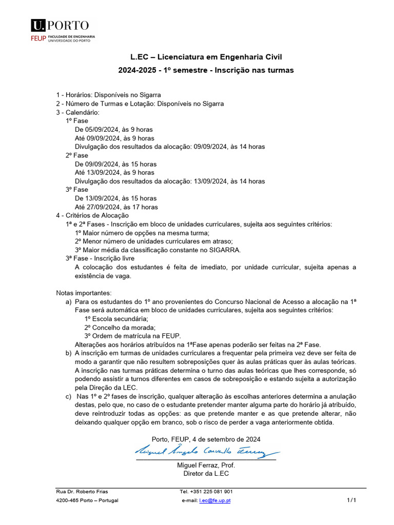 LEC 2024.2025 - 1 Semestre - Inscricoes Nas Turmas | PDF