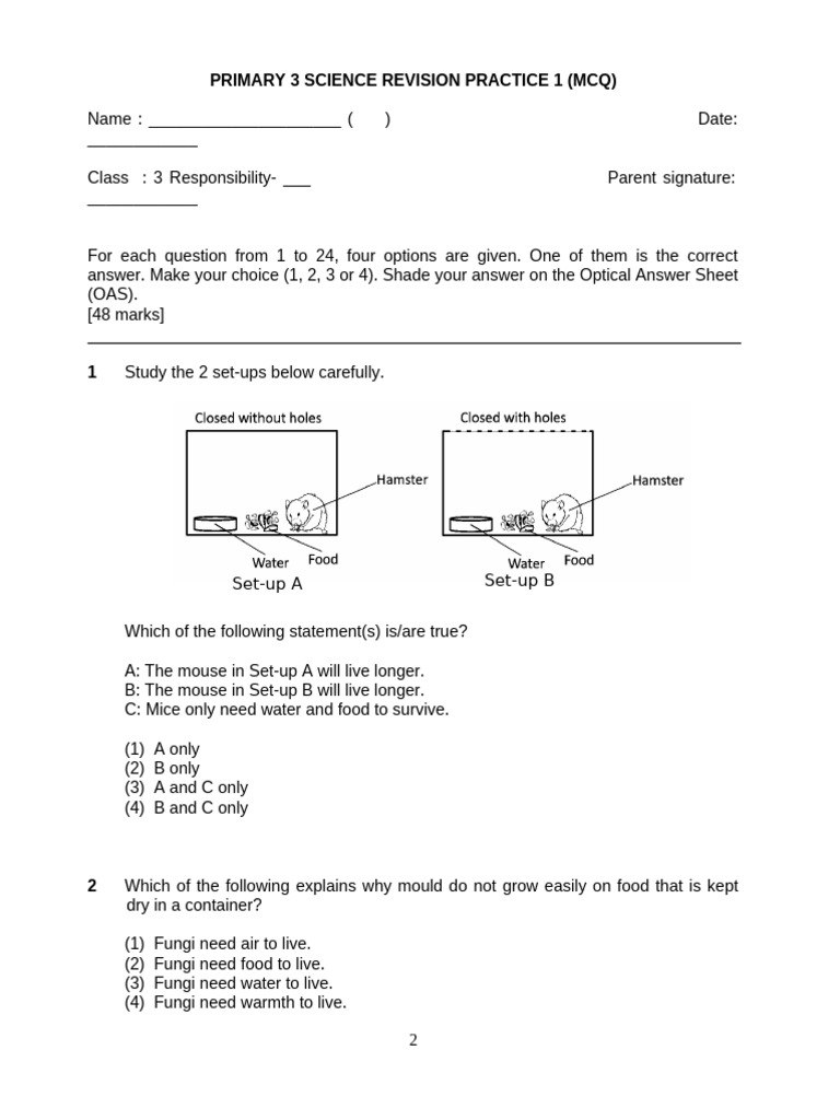 P3 Science Revision Practice Paper 1 (MCQ) (2) | PDF