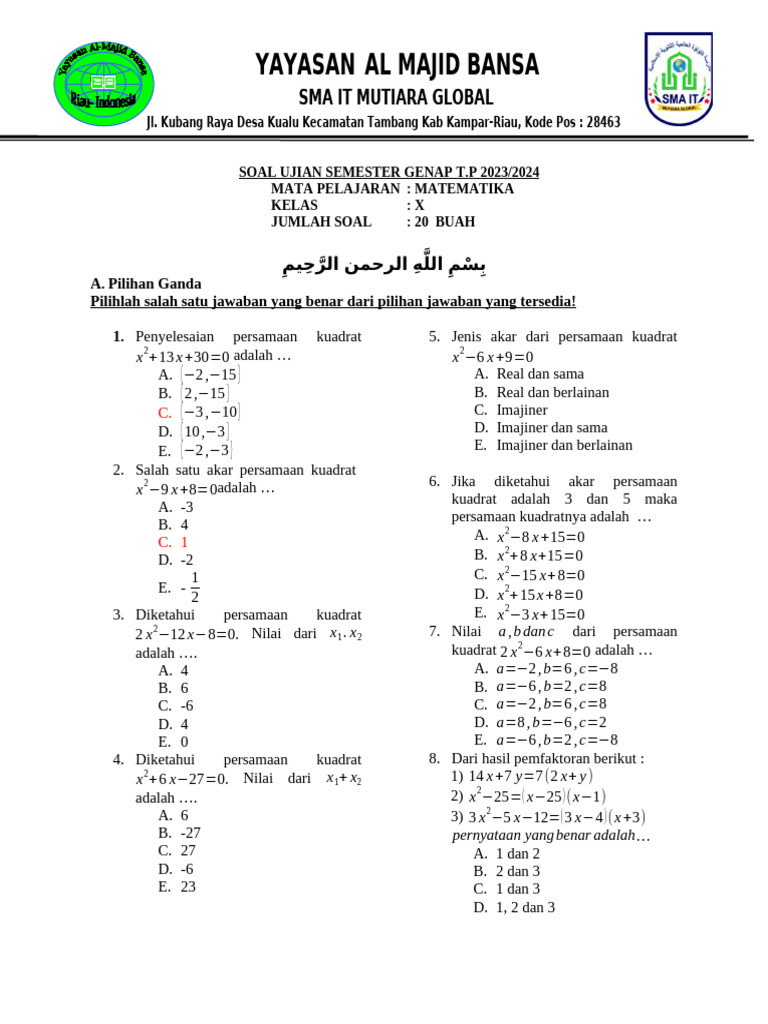 SOAL MTK KELAS X 2023-2024 | PDF