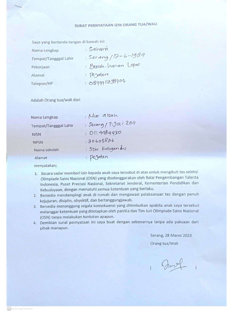 Izin Orang Tua Nur Aisah | PDF