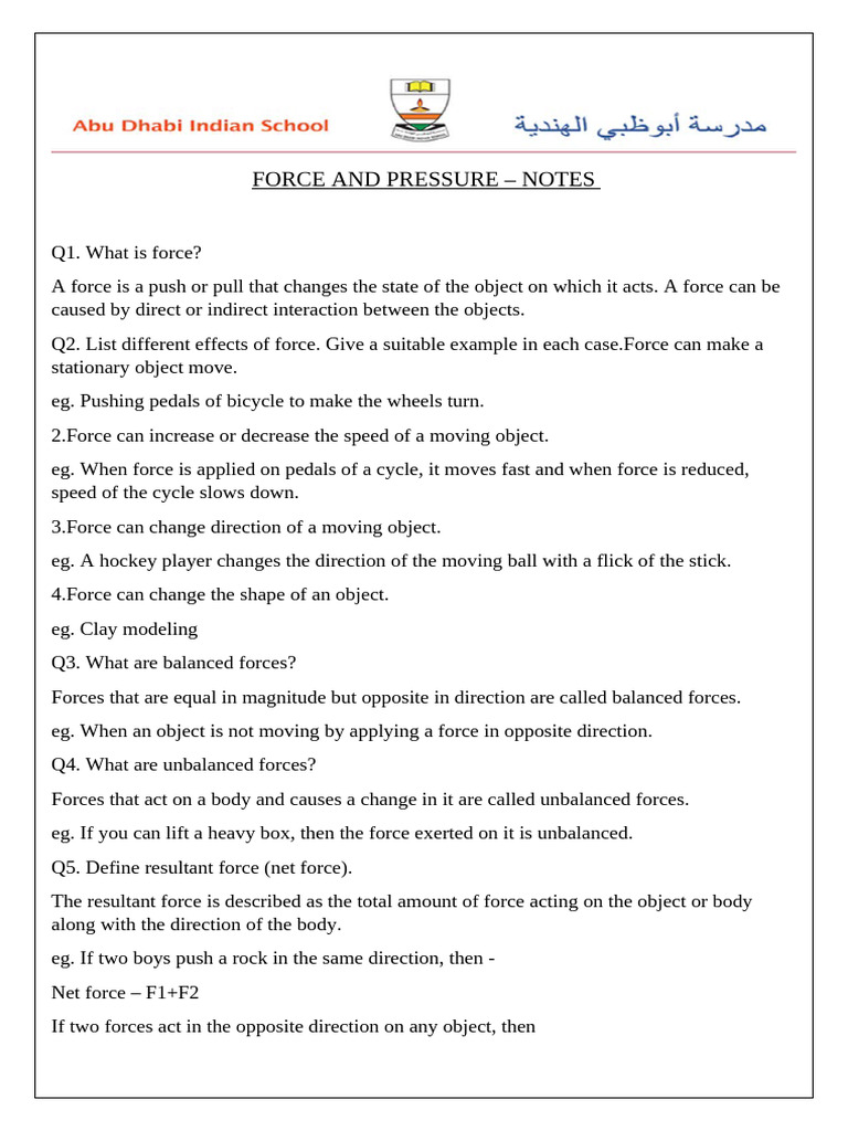 Force And Pressure Notes Pdf