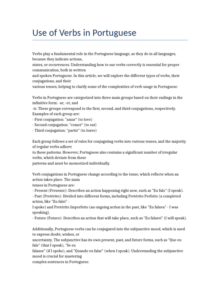 Use of Verbs in Portuguese | PDF | Grammatical Conjugation ...