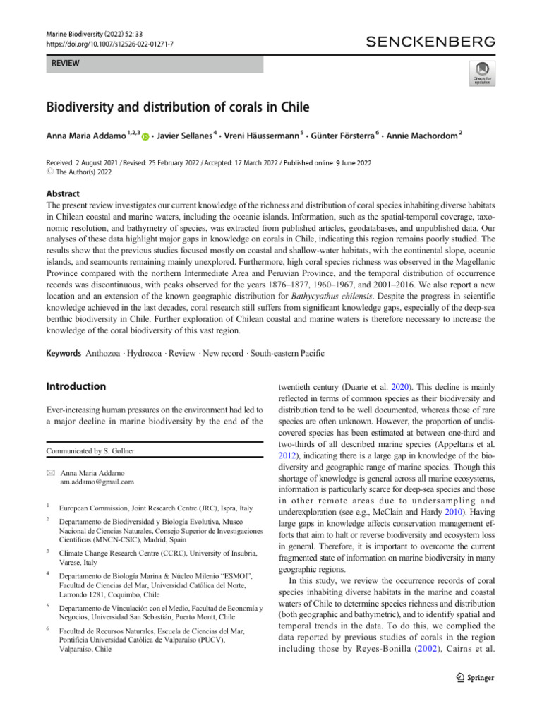Addamo Et Al 2022 - BiodiversityAndDistribution Chilean Corals | PDF