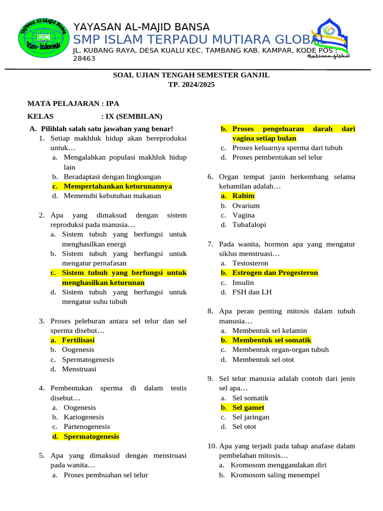 Soal Mid Ipa Kelas 9 Riyadh Dan Arafah | PDF