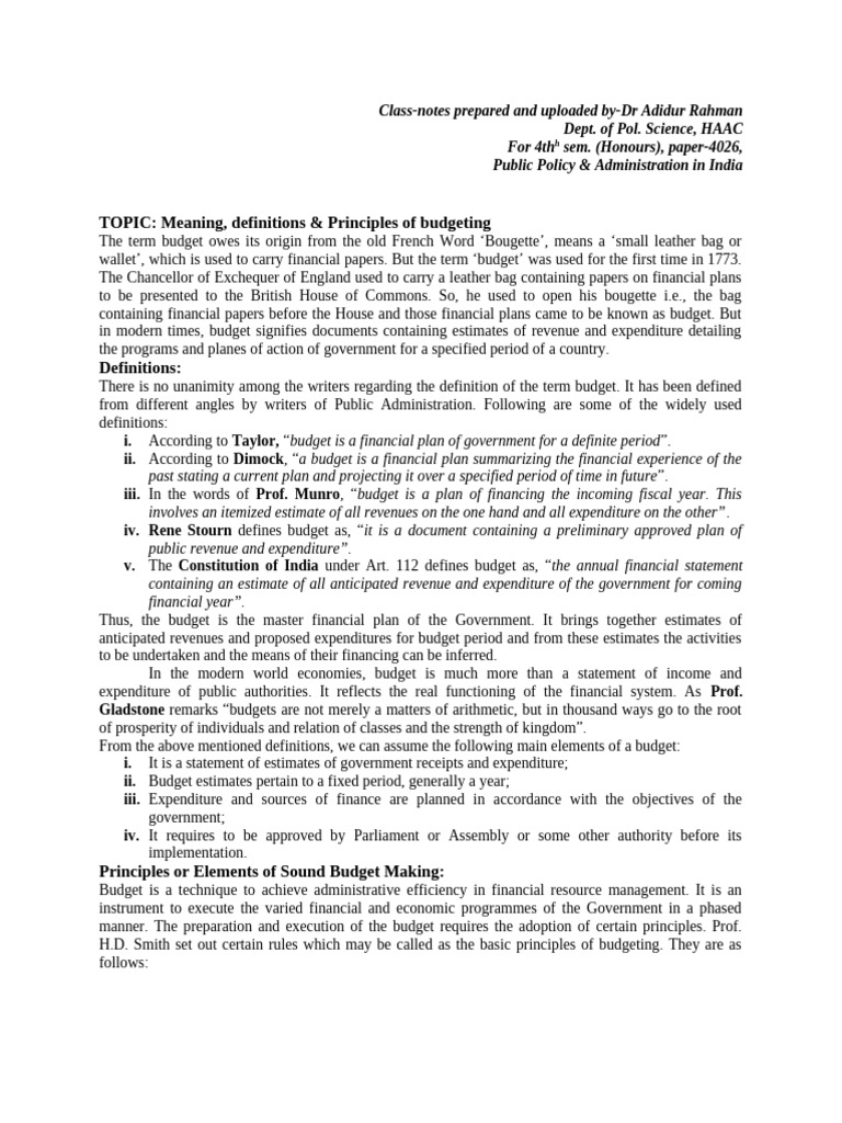 TOPIC: Meaning, Definitions & Principles of Budgeting | PDF