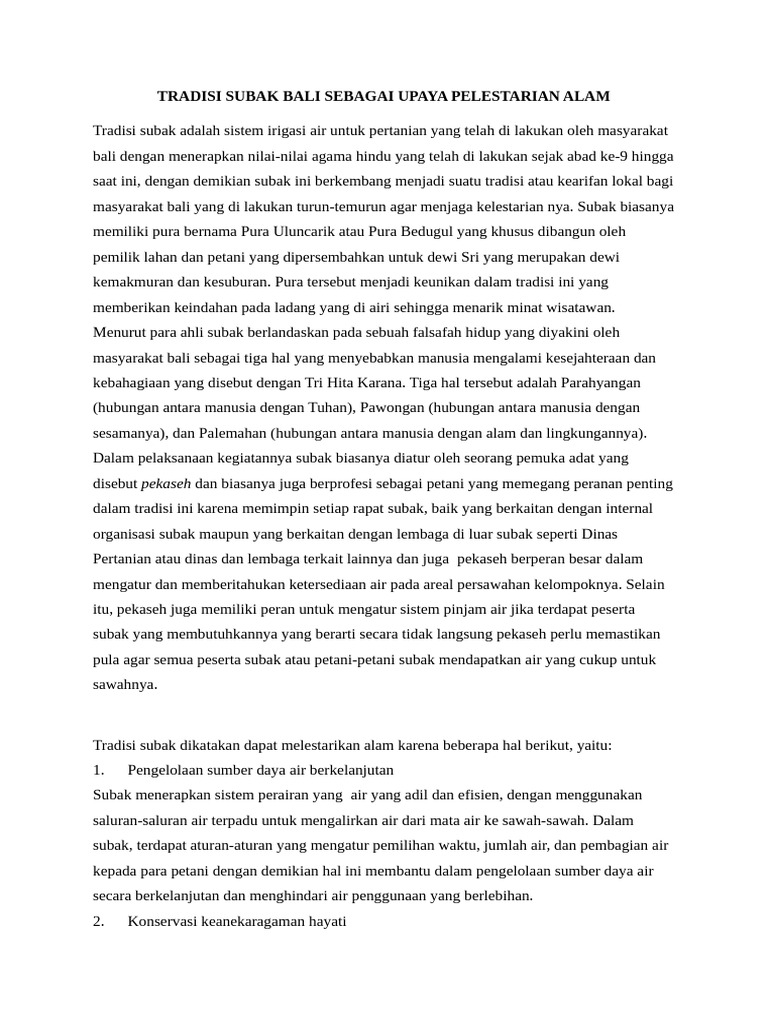 Tradisi Subak Sebagai Upaya Pelestarian Alam | PDF