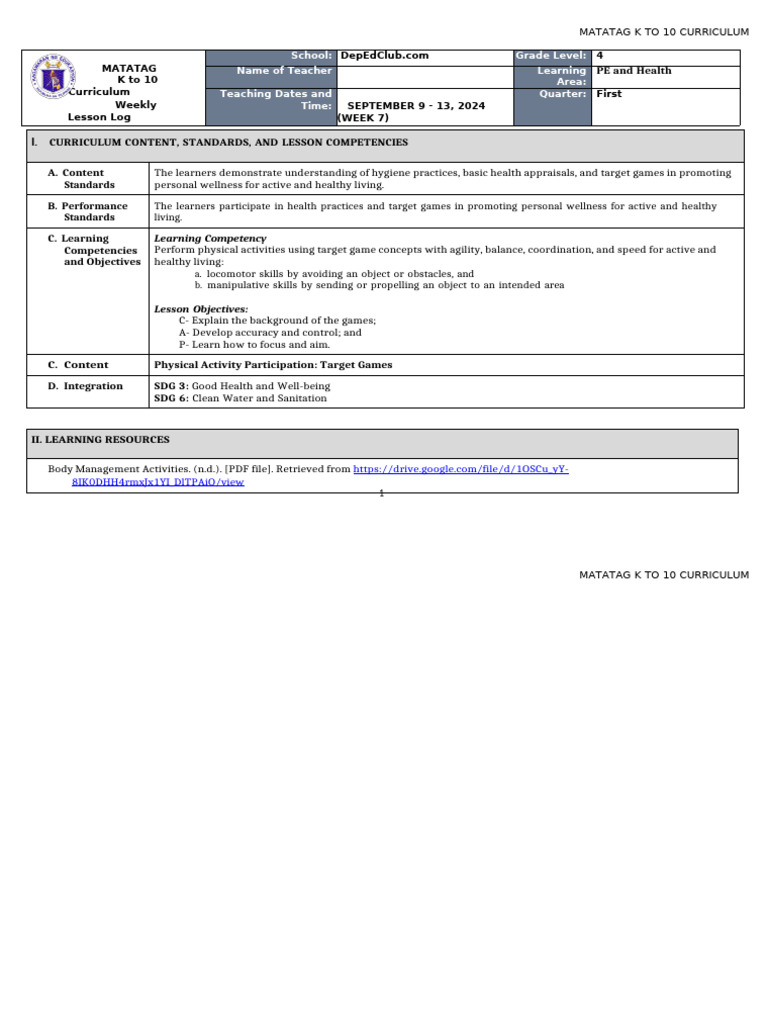 DLL Matatag - Pe & Health 4 Q1 Week 7-8 | PDF